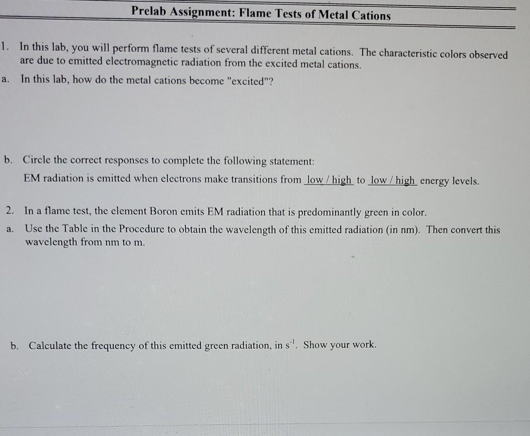 Solved Prelab Assignment: Flame Tests of Metal Cations 1. In | Chegg.com
