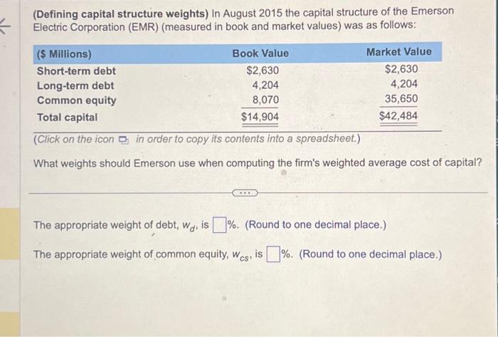 Solved (Defining capital structure weights) In August 2015 | Chegg.com