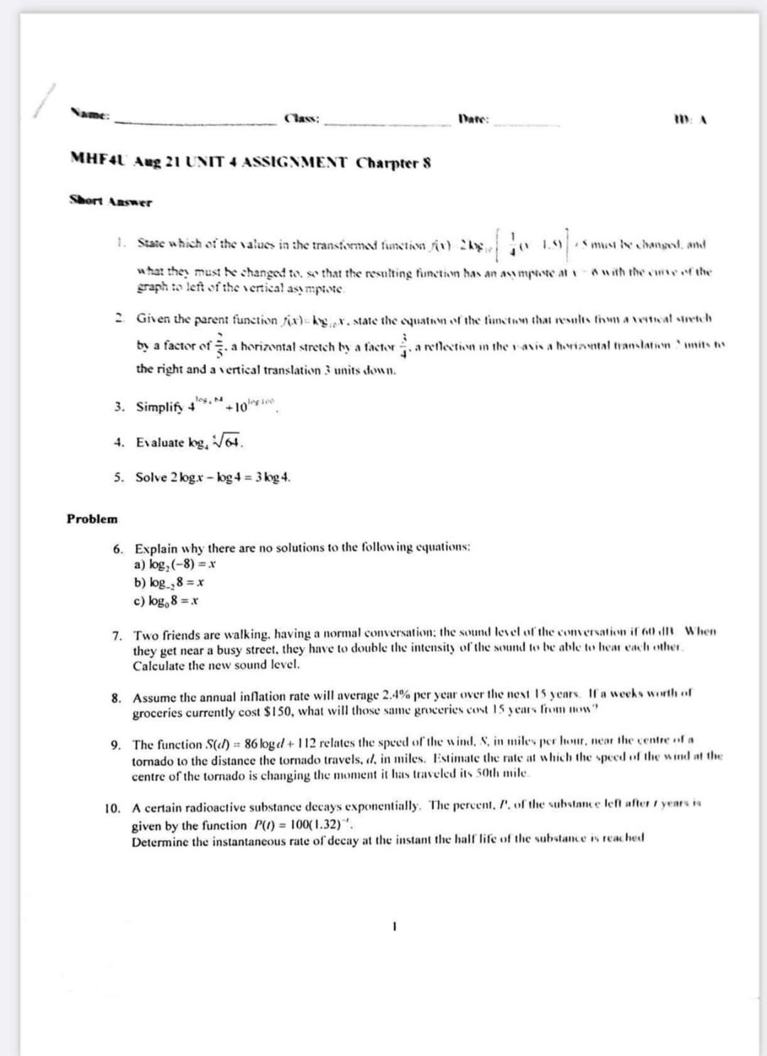 Solved Name: Date: ID: A MHF4U Aug 21 UNIT 3 ASSIGNMENT | Chegg.com