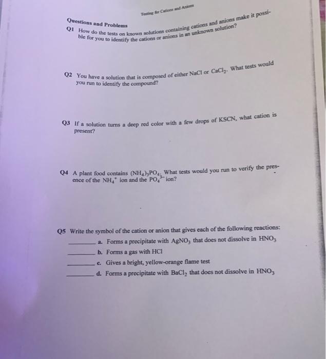 Solved Testing for Cations and Anion Questions and Problems | Chegg.com