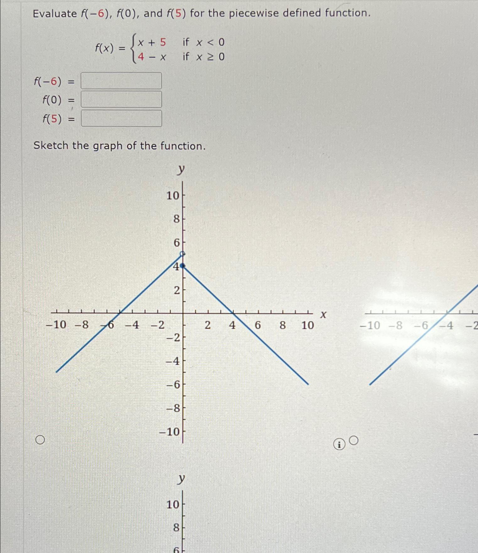 Solved Evaluate f(-6),f(0), ﻿and f(5) ﻿for the piecewise | Chegg.com