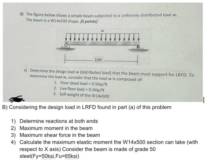 Solved 5) The figure below shows a simple beam subjected to | Chegg.com