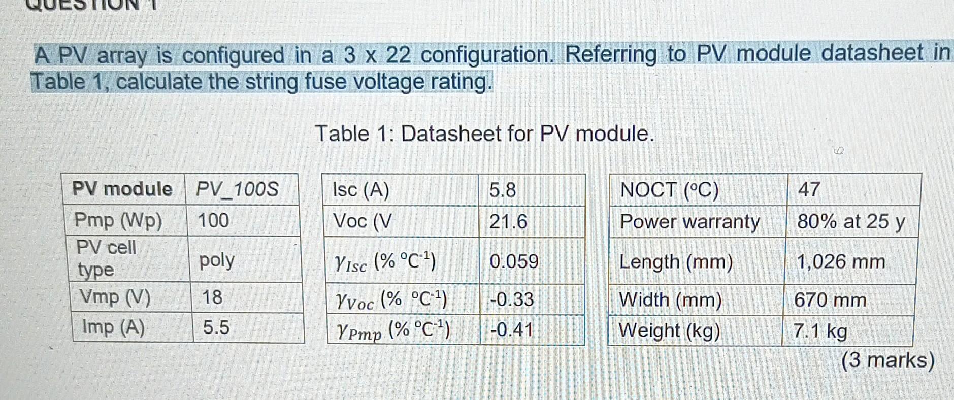 Solved A PV array is configured in a 3×22 configuration. | Chegg.com