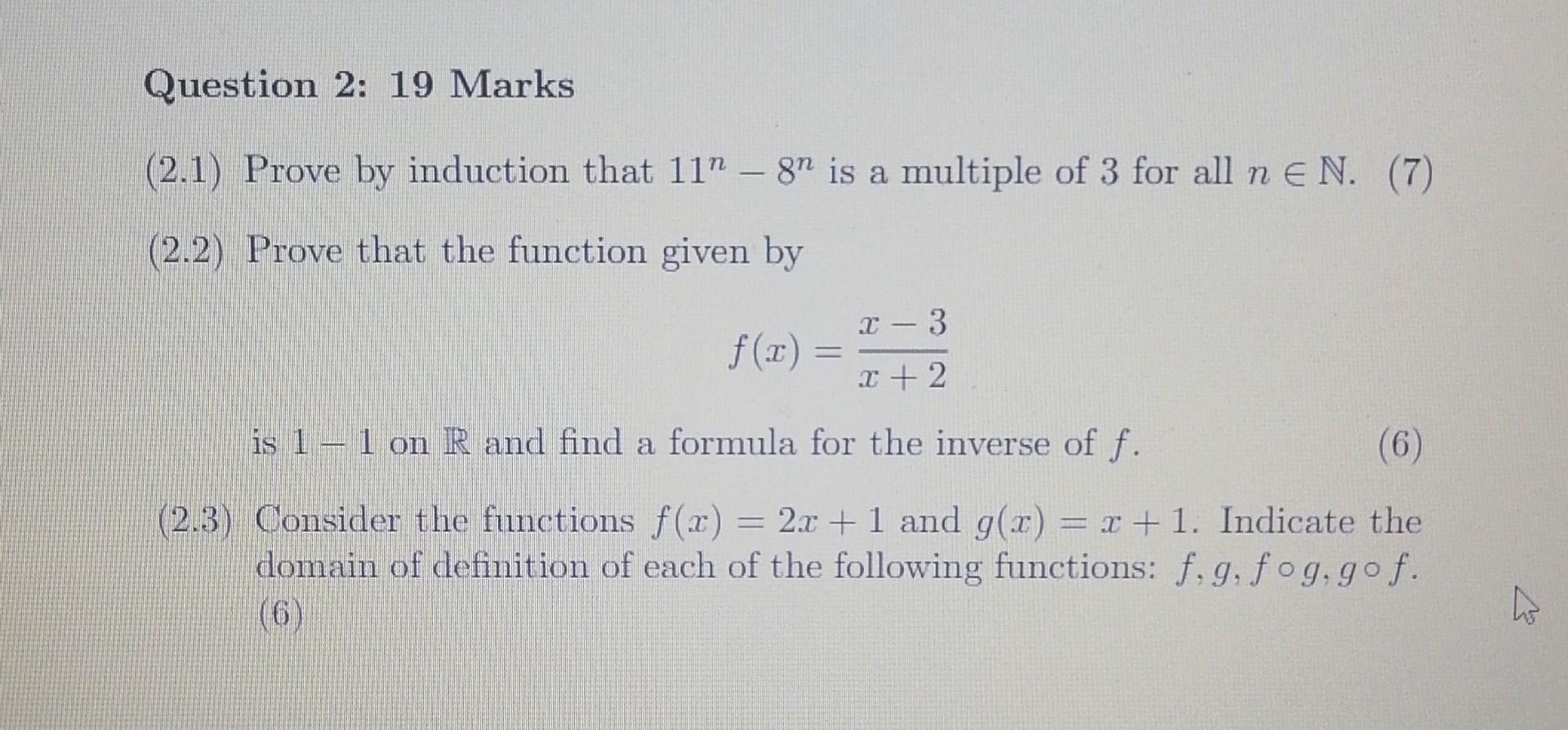 Solved (2.1) Prove by induction that 11n−8n is a multiple of | Chegg.com