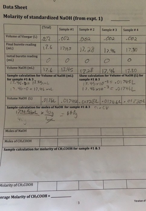 Solved Data Sheet Molarity of standardized NAOH (from expt. | Chegg.com