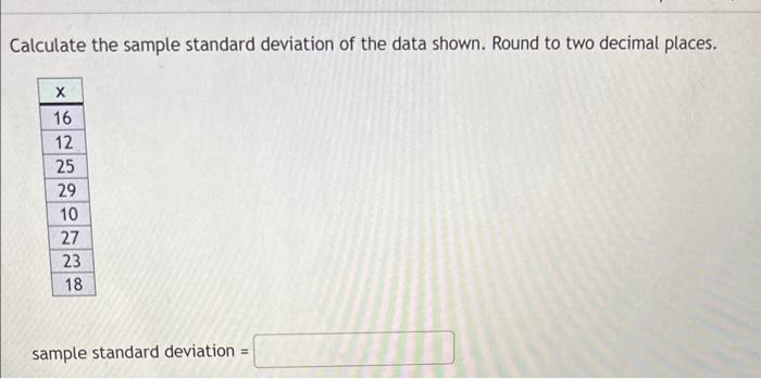 Solved Calculate the sample standard deviation of the data | Chegg.com