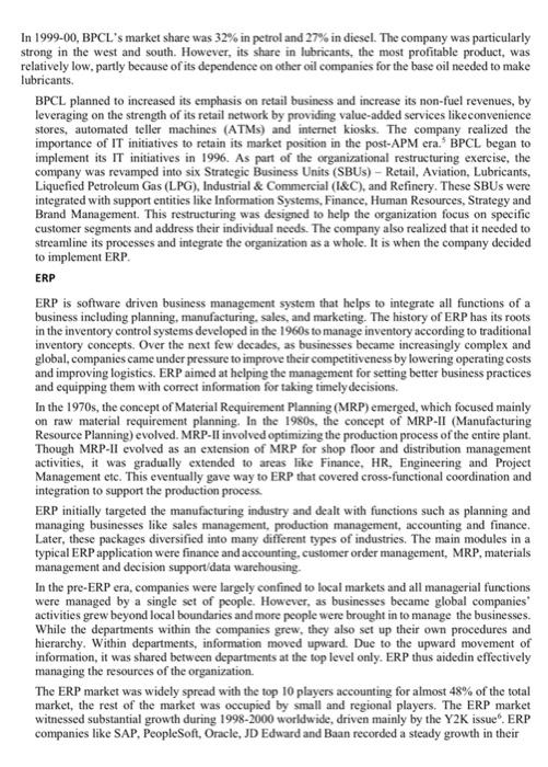 Solved ERP Implementation at BPCL Questions: A. Explain the | Chegg.com