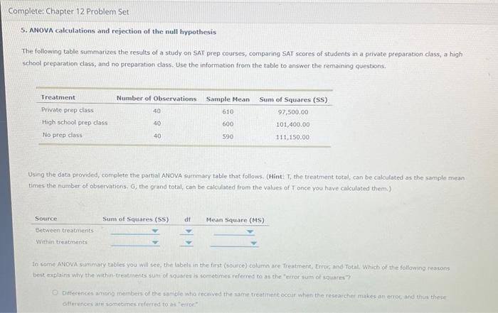 Solved 5. ANOVA calculations and rejection of the null | Chegg.com
