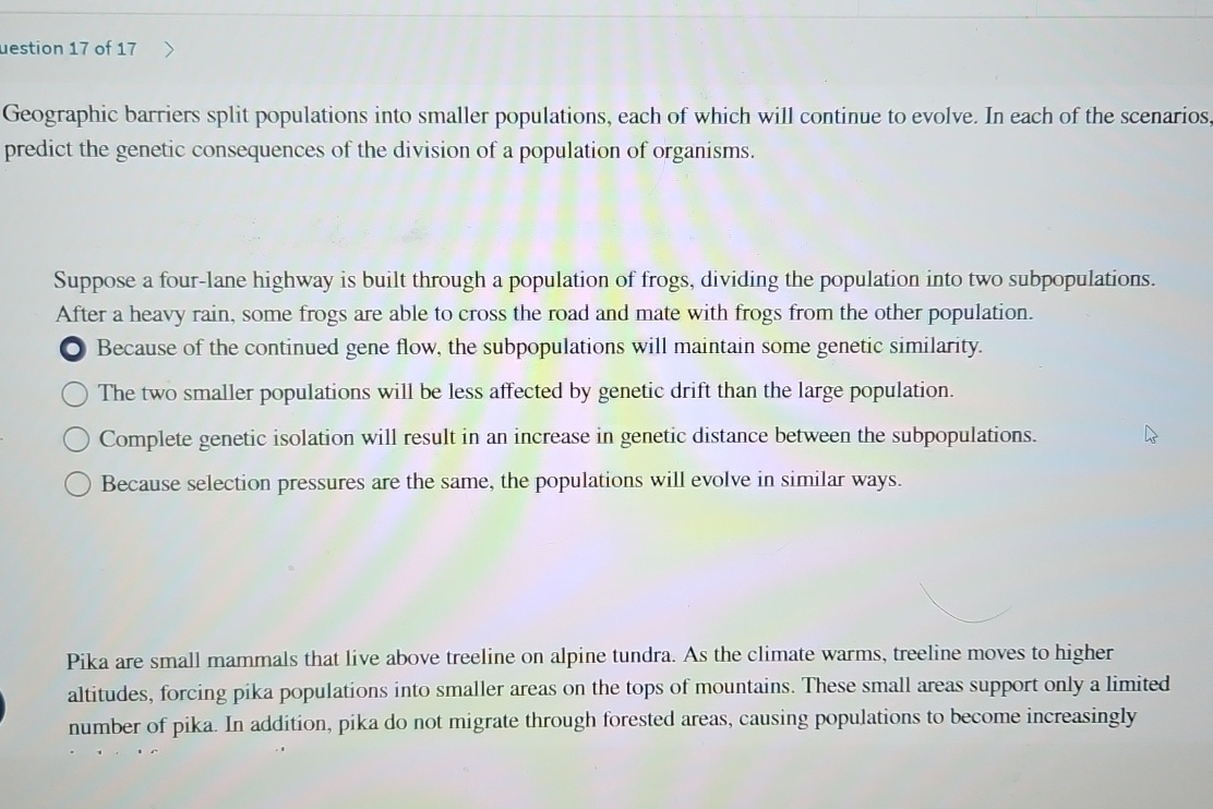 Solved uestion 17 ﻿of 17Geographic barriers split | Chegg.com