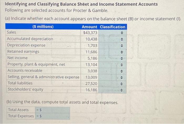 Solved Identifying and Classifying Balance Sheet and Income | Chegg.com