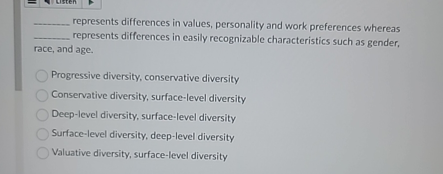 Solved represents differences in values, personality and | Chegg.com