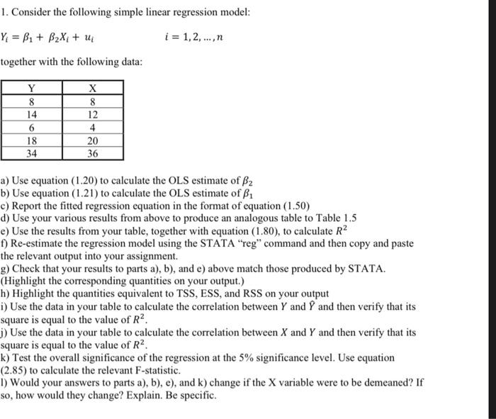 Solved 1. Consider the following simple linear regression | Chegg.com