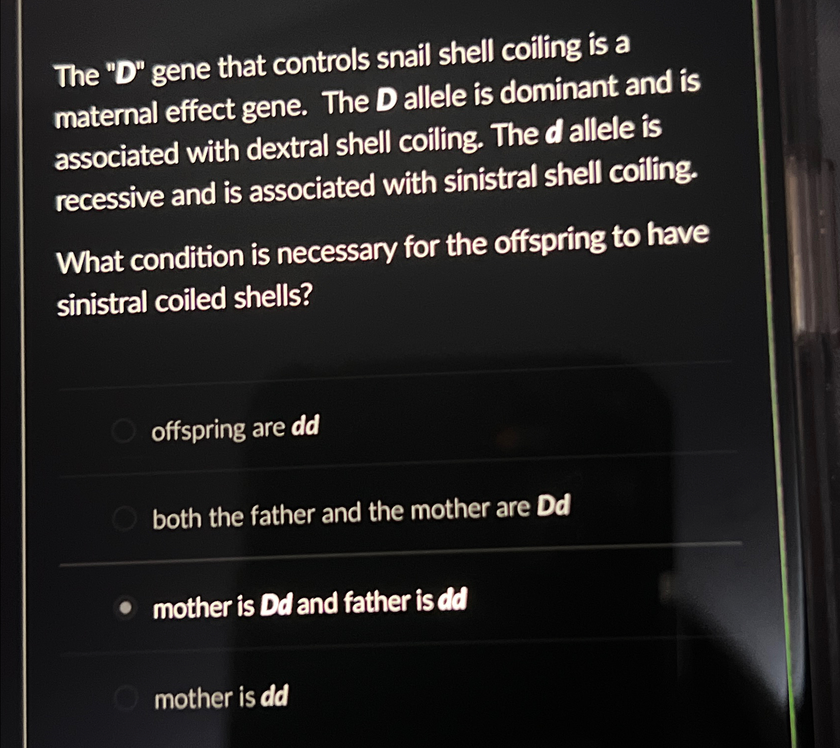 Solved The "D" ﻿gene that controls snail shell coiling is a | Chegg.com