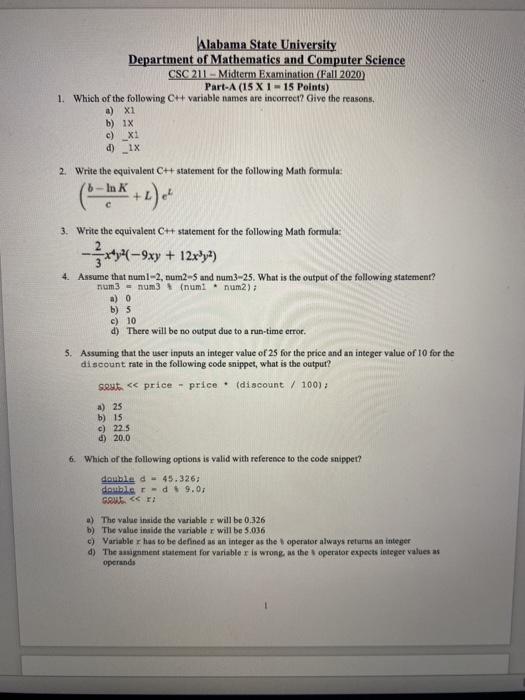 Solved Alabama State University Department of Mathematics | Chegg.com