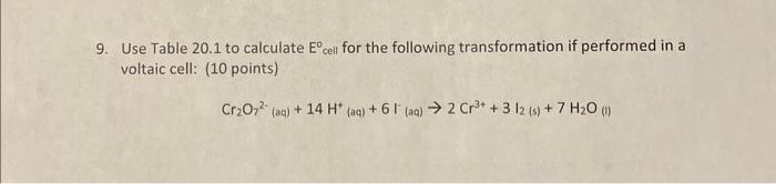 Solved Use Table 20.1 to calculate E∘ cell for the following | Chegg.com