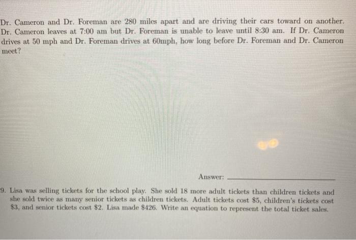 Solved Dr. Cameron and Dr. Foreman are 280 miles apart and | Chegg.com