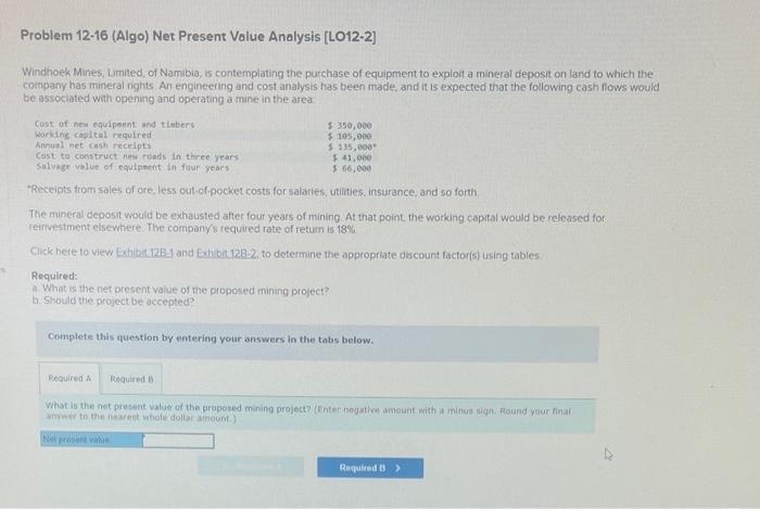 Solved Problem 12-16 (Algo) Net Present Value Analysis | Chegg.com