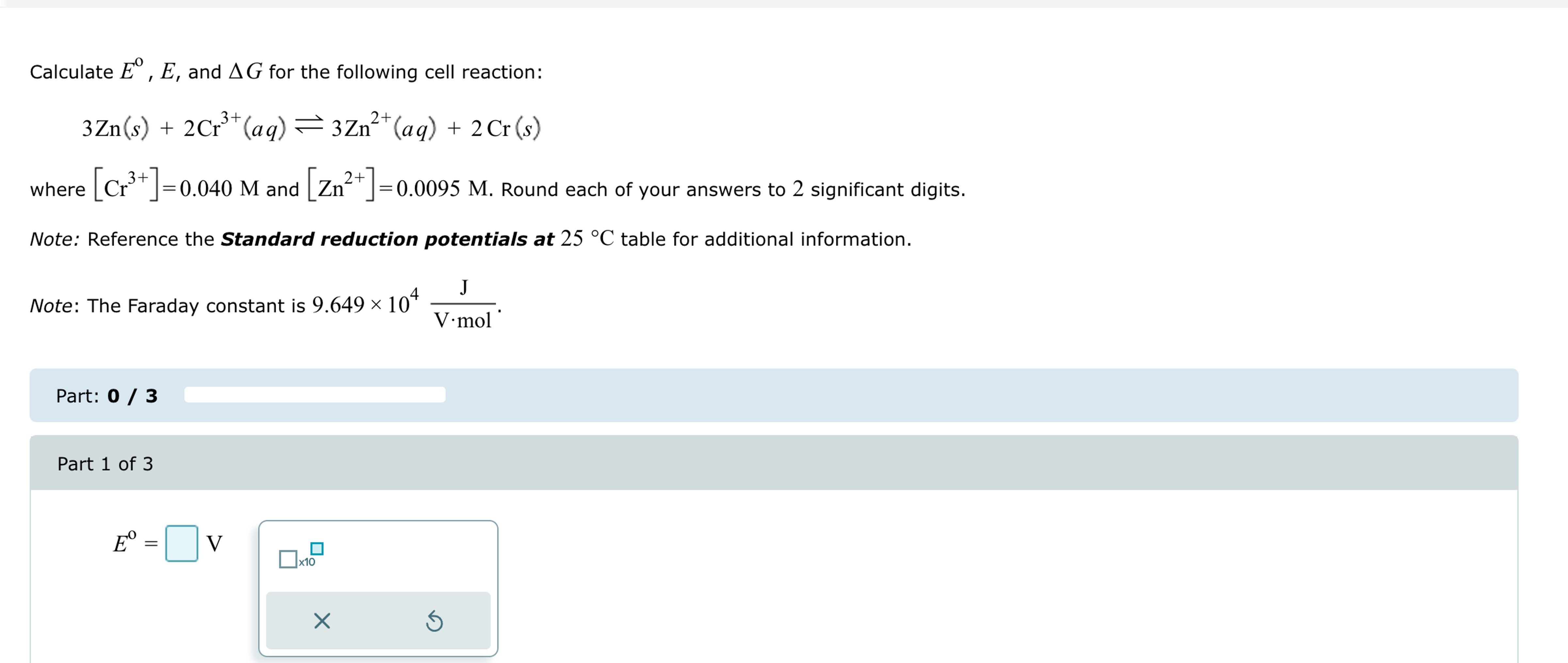 Solved Part 1 ﻿of 3Eo=V, ×10Part: 1 / 3Part 2 ﻿of 3E=,V, ×10 | Chegg.com