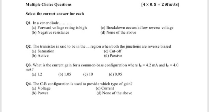 Solved Multiple Choice Questions [4 x 0.5 = 2 Marks Select | Chegg.com