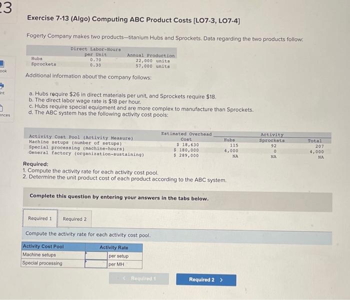 Solved 23 w Exercise 7-13 (Algo) Computing ABC Product Costs | Chegg.com