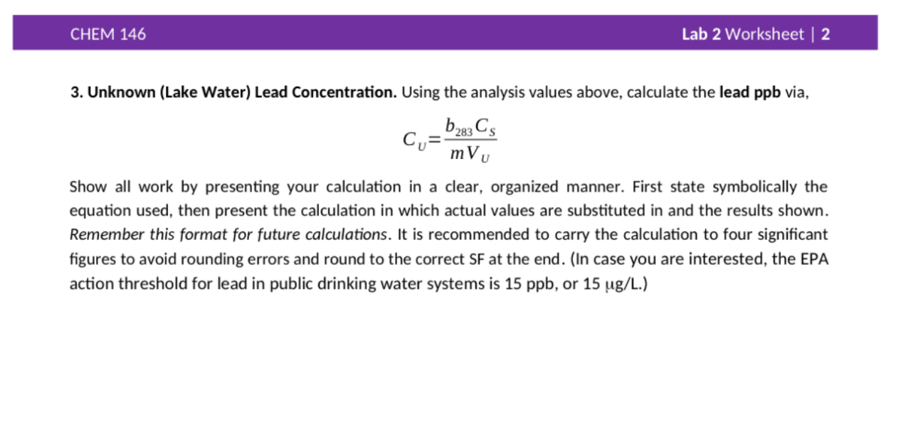 Solved CHEM 146Lab 2 ﻿Worksheet23. ﻿Unknown (Lake Water) | Chegg.com