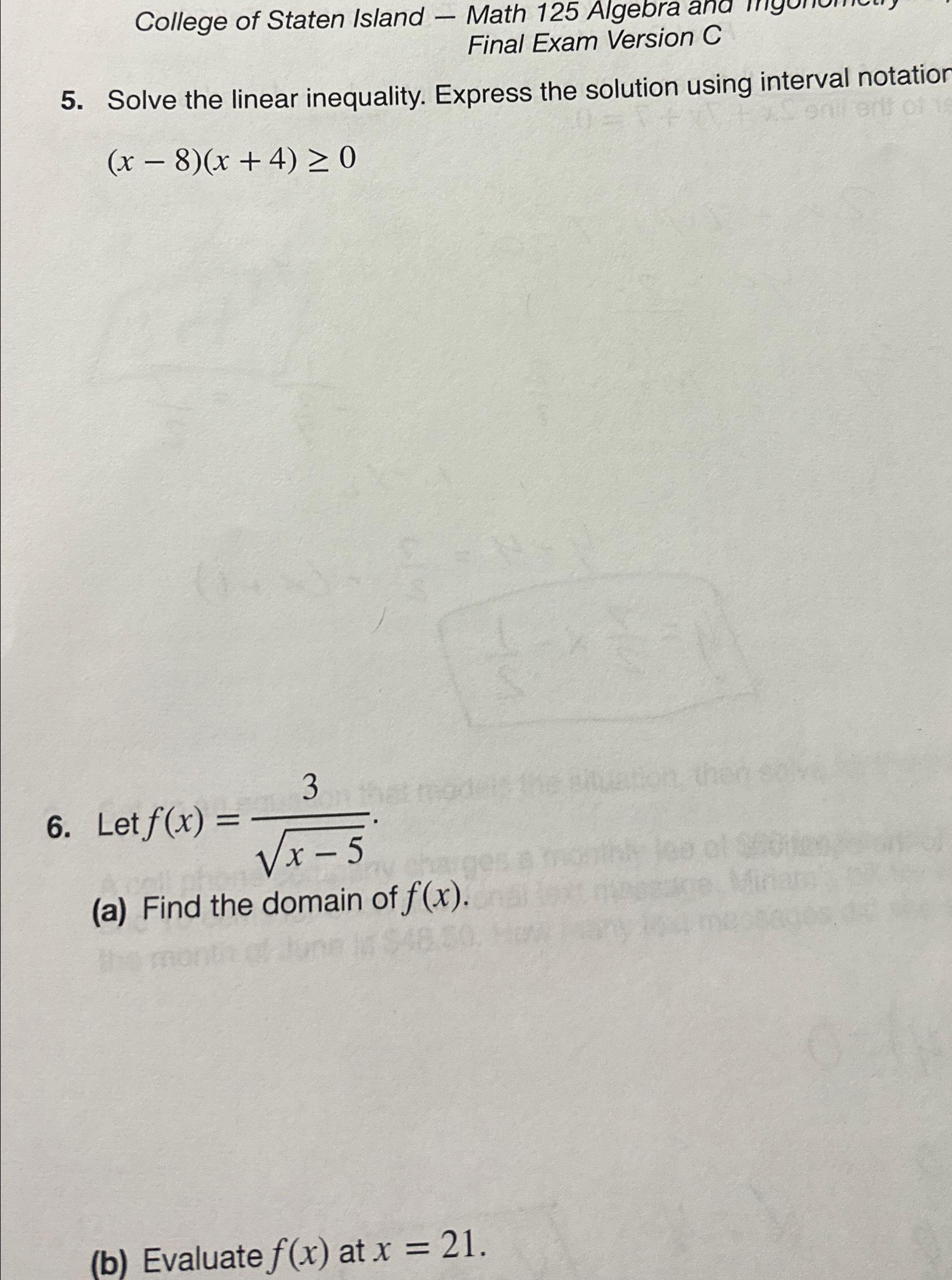 Solved College of Staten Island - ﻿Math 125 ﻿Algebra | Chegg.com