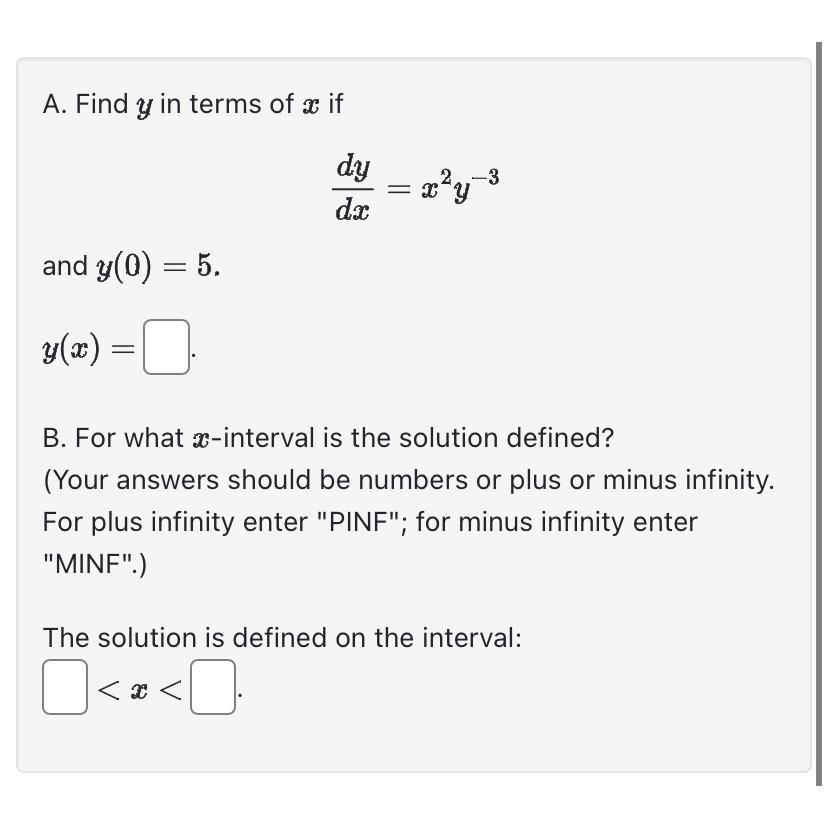 Solved A. ﻿Find y ﻿in terms of x ﻿ifdydx=x2y-3and | Chegg.com