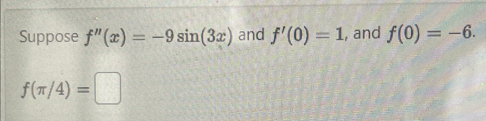 Solved Suppose f''(x)=-9sin(3x) ﻿and f'(0)=1, ﻿and | Chegg.com