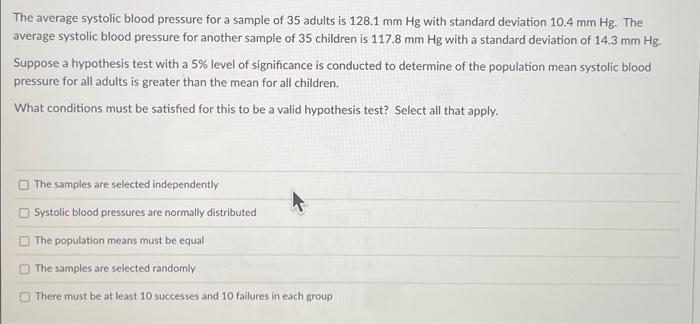 Solved The average systolic blood pressure for a sample of | Chegg.com