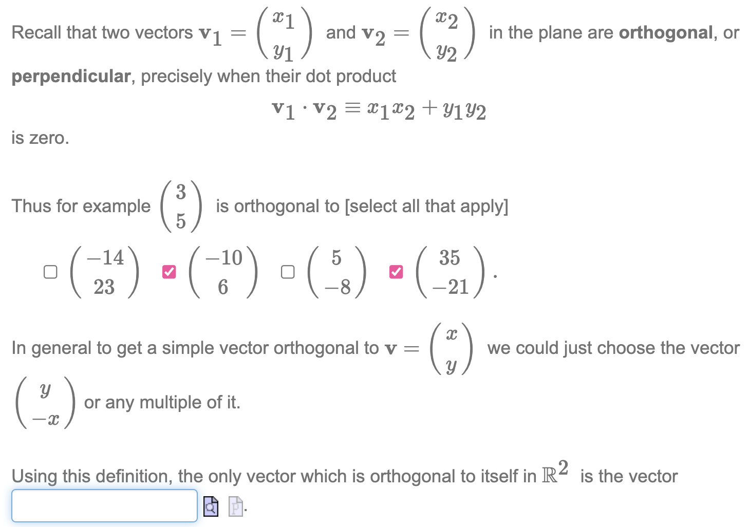 Solved Recall that two vectors v1=([x1],[y1]) ﻿and | Chegg.com