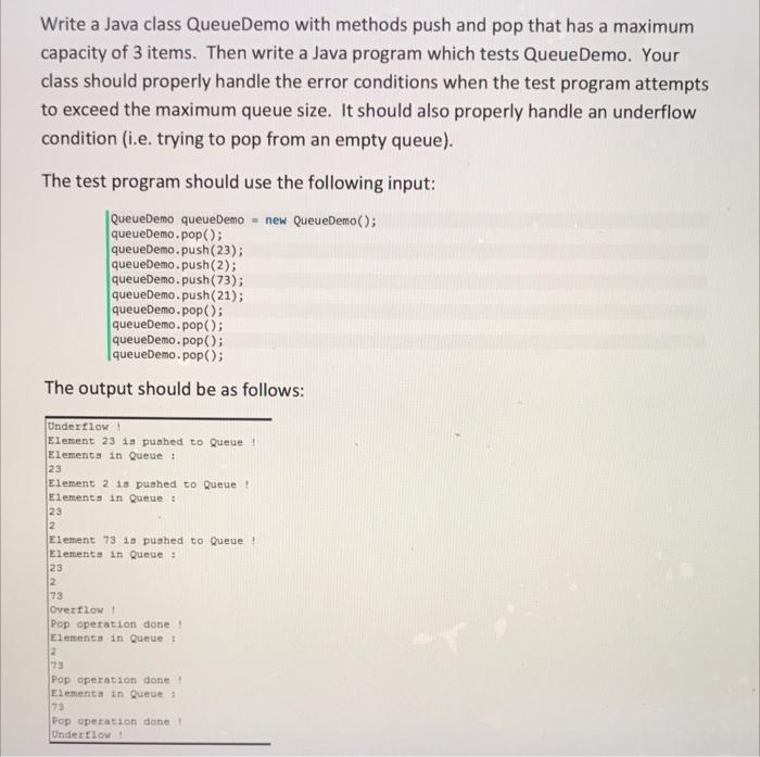 Solved Write a Java class QueueDemo with methods push and | Chegg.com