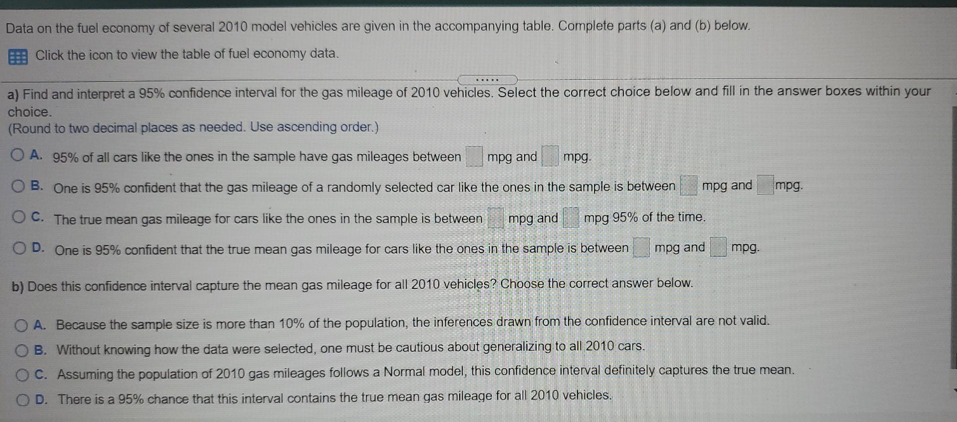 Solved Ow are X cal Table of mpg values m mpg 32 time. he 39 | Chegg.com