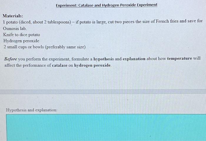 Solved Experiment: Catalase and Hydrogen Peroxide Experiment | Chegg.com