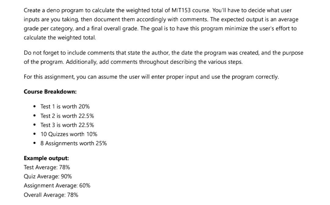 Solved Create a deno program to calculate the weighted total | Chegg.com