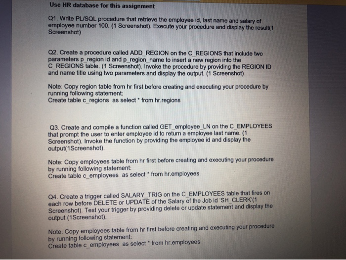Use HR database for this assignment Q1. Write PL/SQL | Chegg.com