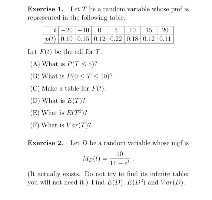 Solved Exercise 1. Let T be a random variable whose pmf is | Chegg.com