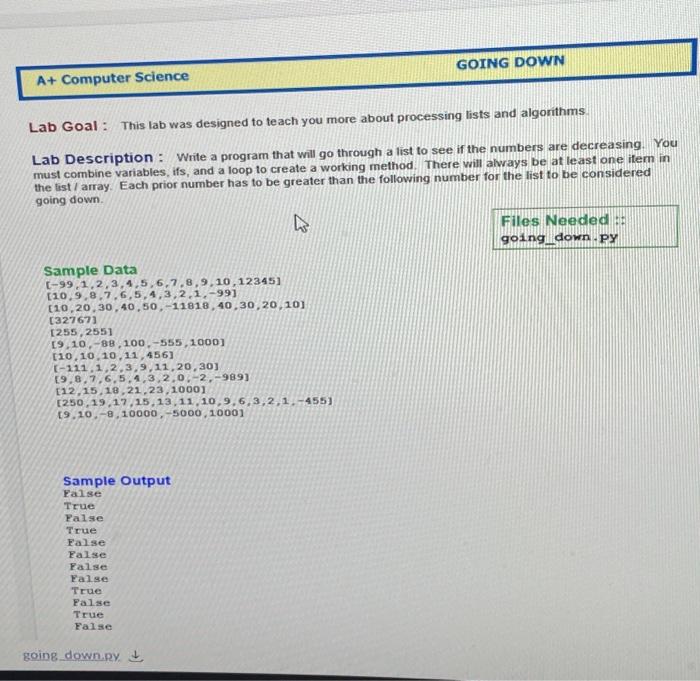 Solved GOING DOWN A+ Computer Science Lab Goal: This lab was | Chegg.com
