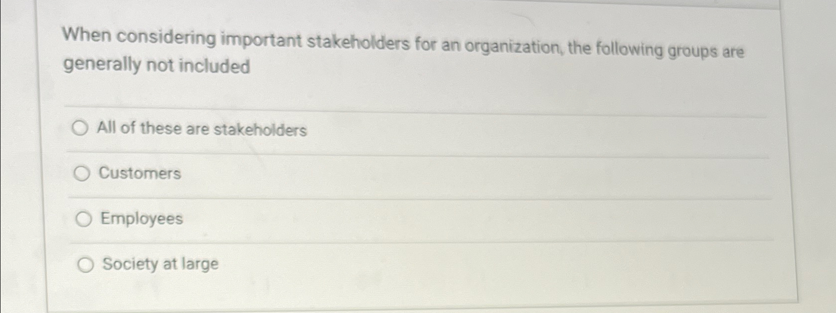 Solved When considering important stakeholders for an | Chegg.com