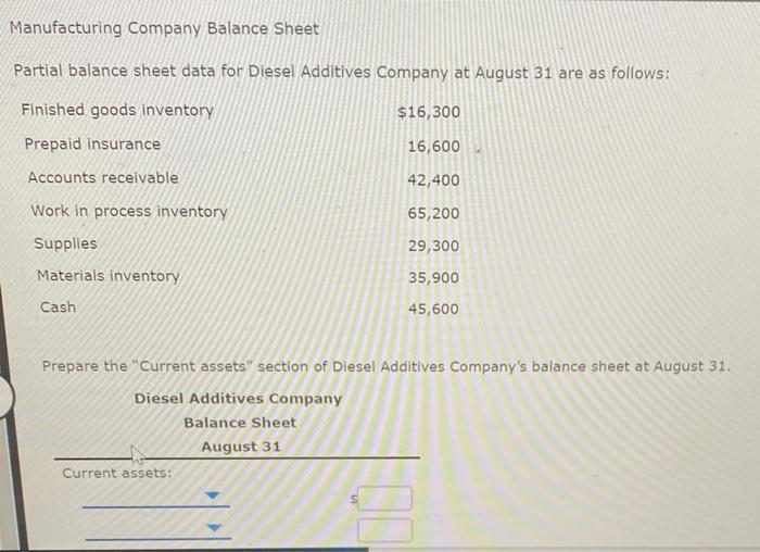 Solved Manufacturing Company Balance Sheet Partial balance | Chegg.com