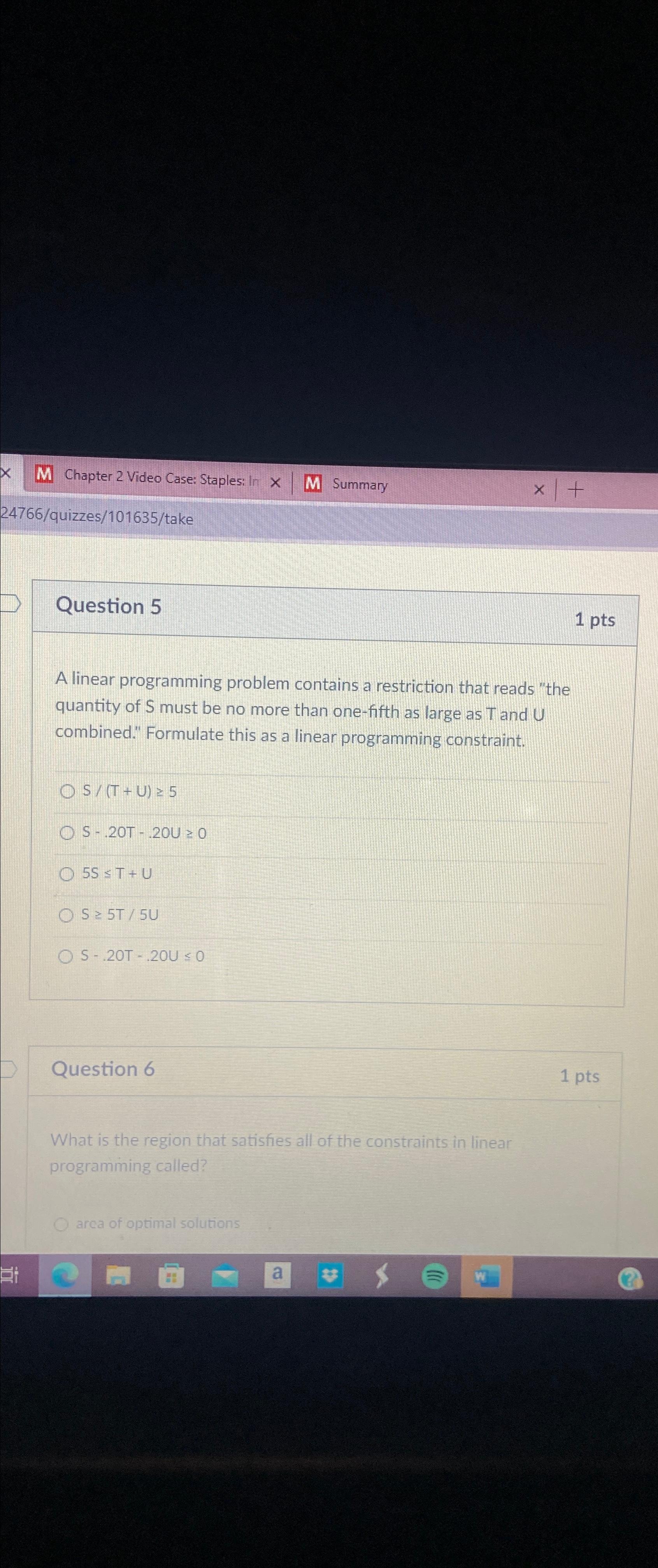 Solved Question 5\\n1pts\\nA linear programming problem | Chegg.com