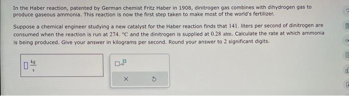 Solved In the Haber reaction, patented by German chemist | Chegg.com