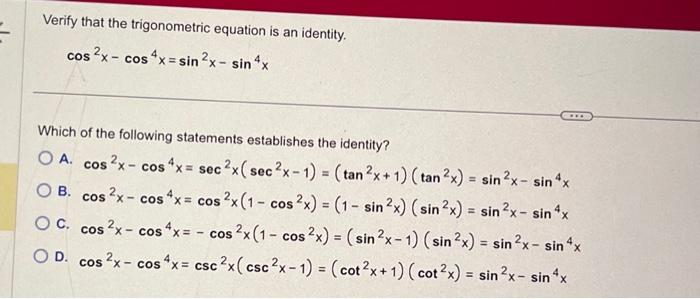 Solved Verify that the trigonometric equation is an | Chegg.com