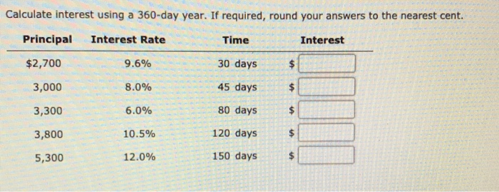 Solved Calculate interest using a 360-day year. If required, | Chegg.com