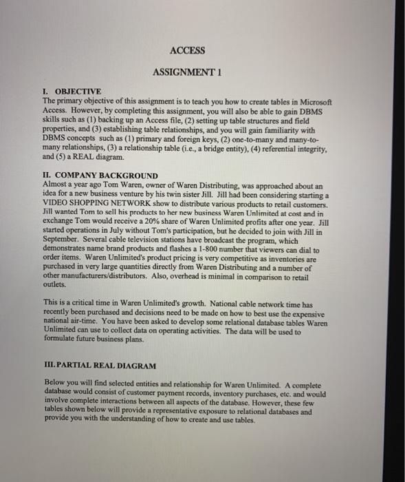 ACCESS ASSIGNMENT 1 1. OBJECTIVE The primary | Chegg.com