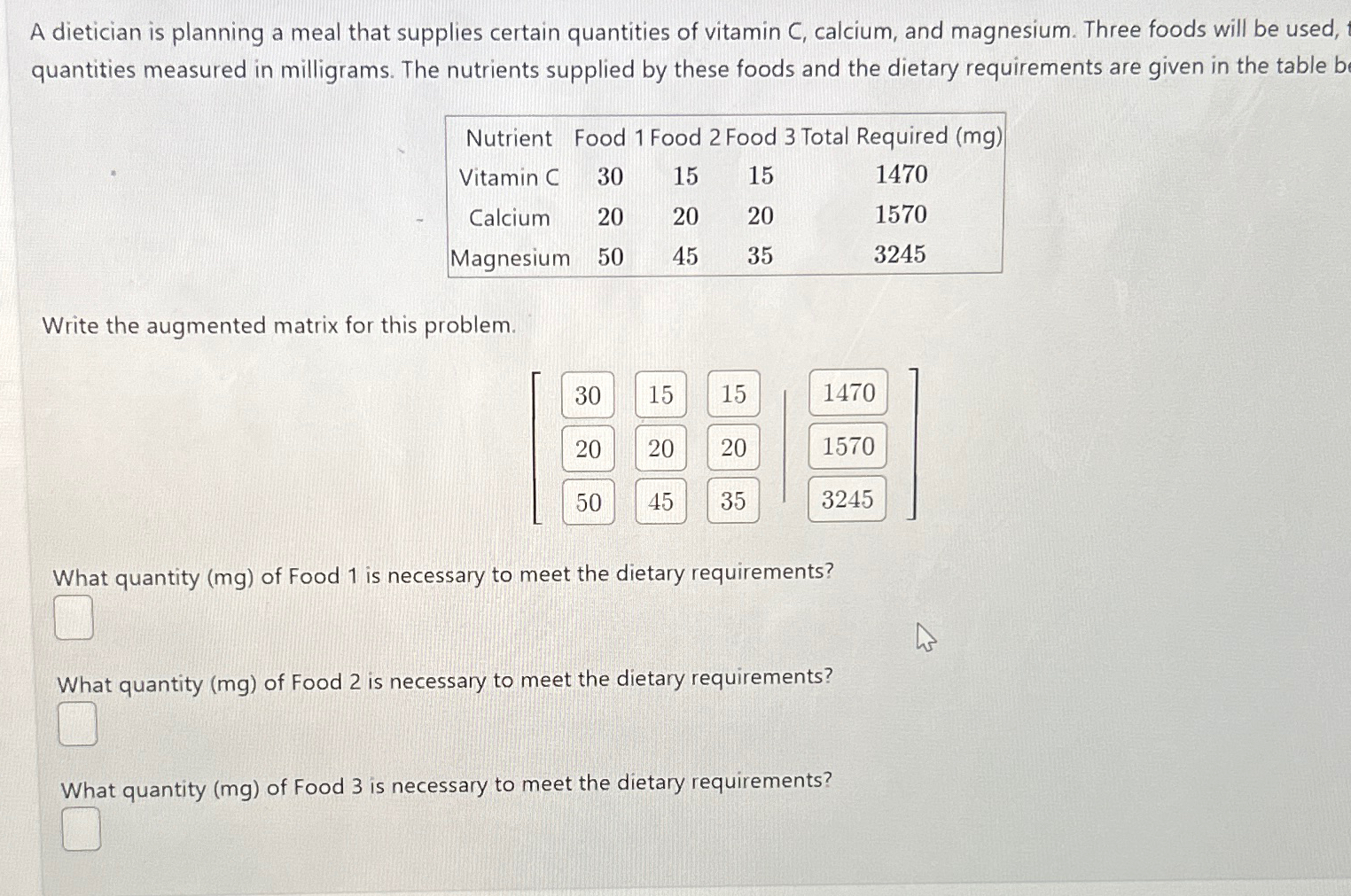 Solved A dietician is planning a meal that supplies certain | Chegg.com