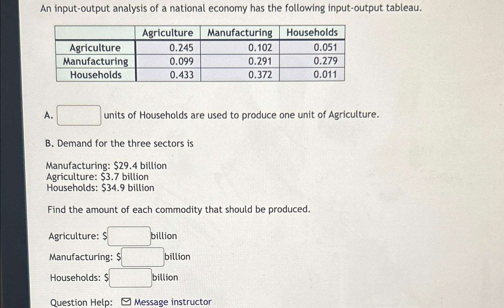 Solved An input-output analysis of a national economy has | Chegg.com