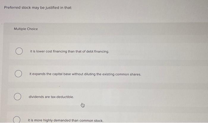 Solved Preferred stock may be justified in that: Multiple | Chegg.com
