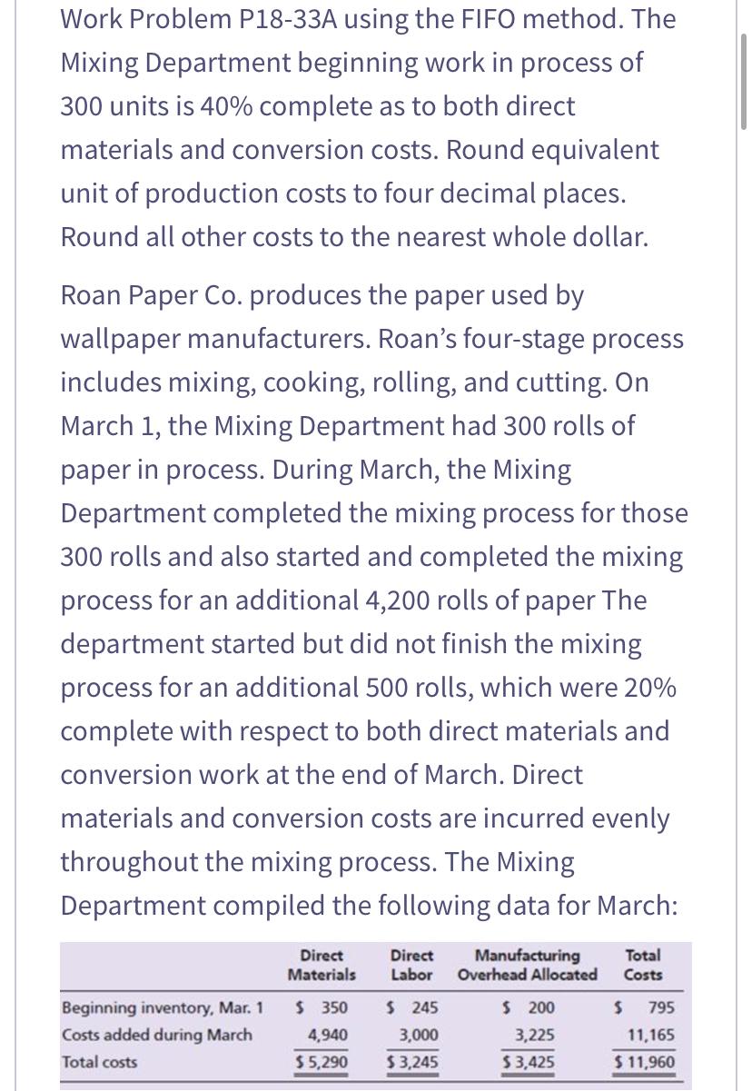 Solved Work Problem P18-33A using the FIFO method. The | Chegg.com