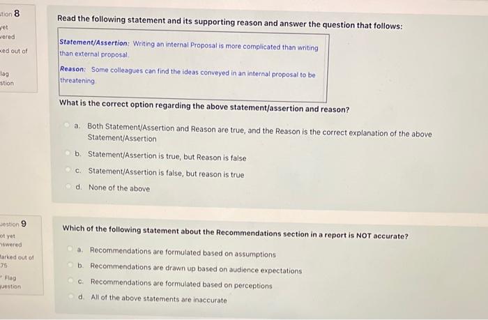 Solved Stion 8 Read The Following Statement And Its