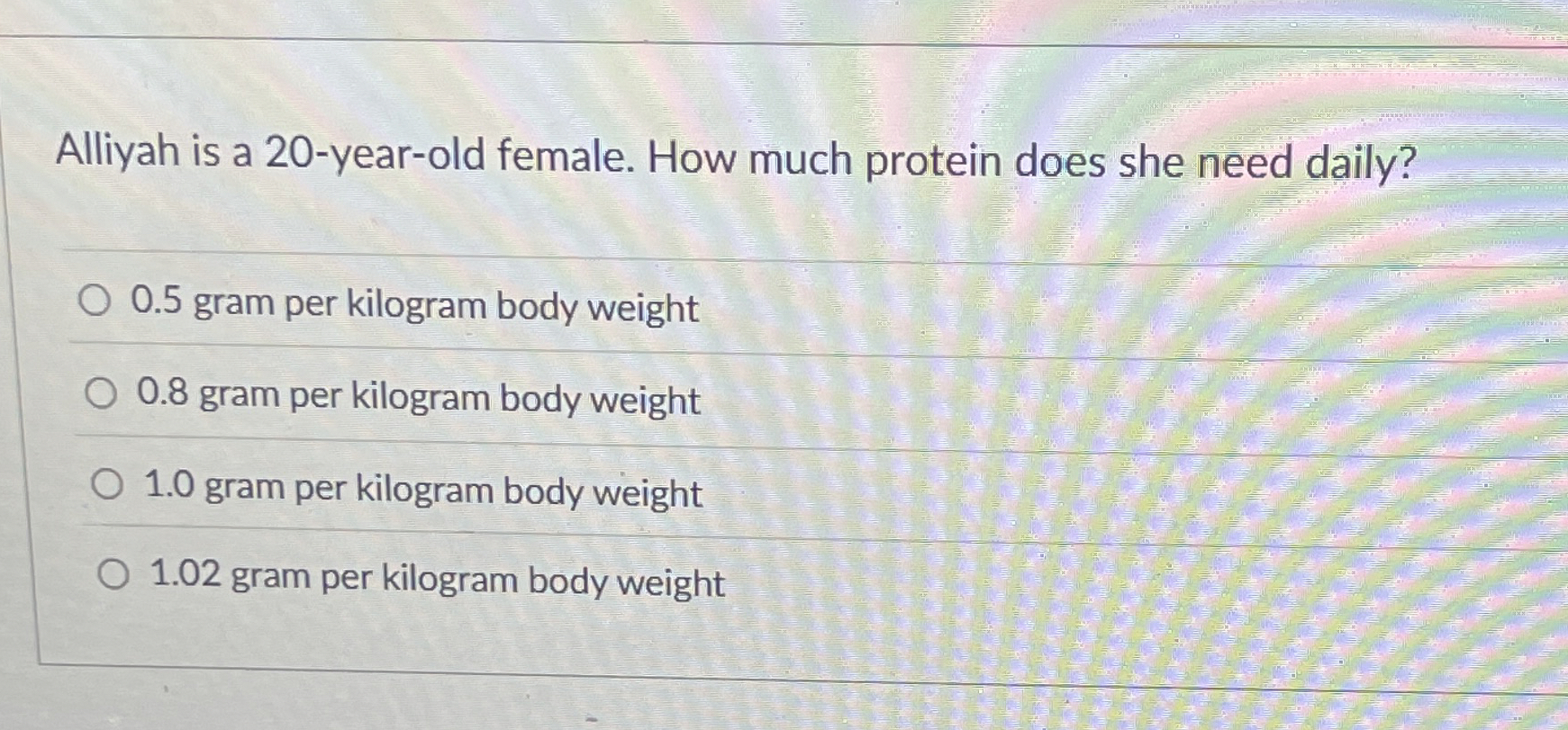 Solved Alliyah is a 20 -year-old female. How much protein | Chegg.com